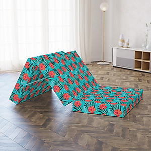 Ambesonne Exotic Foldable Mattress, Tropic Summer Hibiscus Flora, 74.8" x 39.4", Seafoam Coral