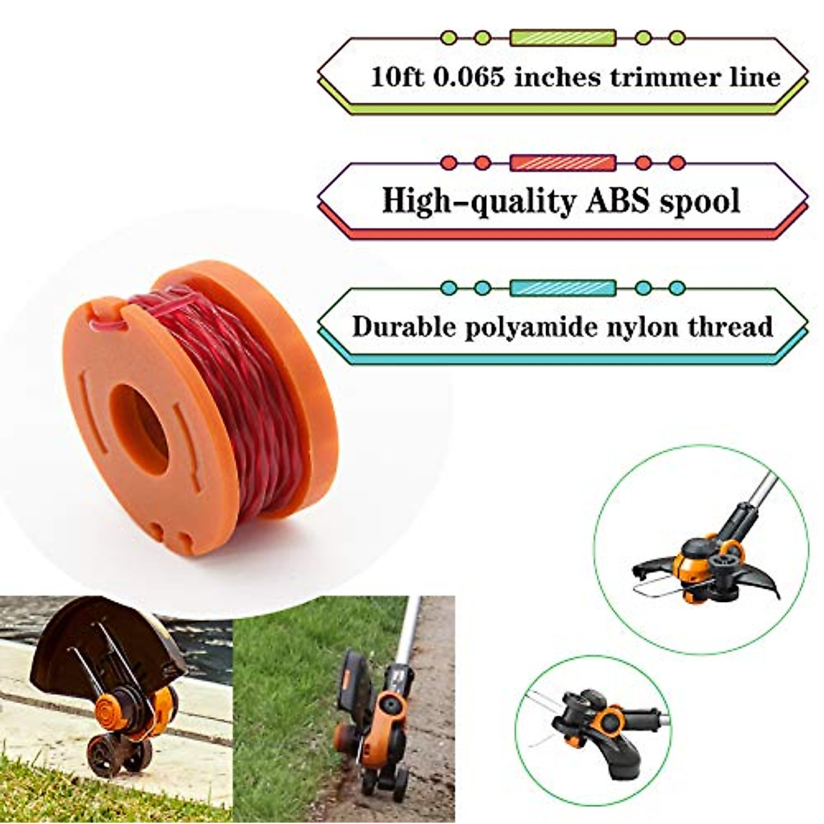 WA0010 Replacement Trimmer Spool, Edger Spool Compatible with Worx Trimmer String, Weed Eater String WG180 Spool Refills 10ft 0.065 Inch Trimmer Line, GT Spools, WA0004 Spool, Weed Wacker Parts