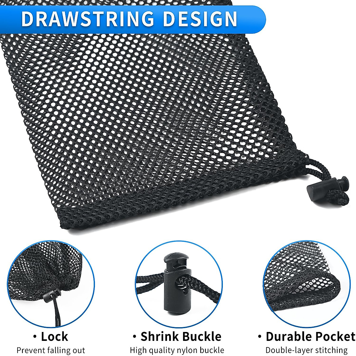 BOJITEXS 10 Pcs Mesh Drawstring Bag 6" x 8" with Cord Lock Closure, Durable Mesh Bag for Laundry Travel Beach Toys Seashell Collecting (Black)