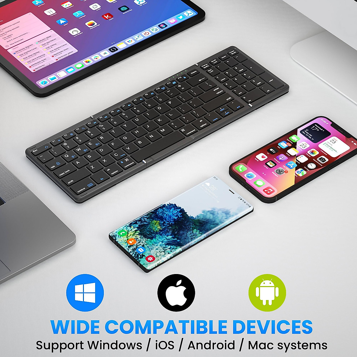 JPHTEK Folding Bluetooth Keyboard with Numeric Keypad, Full-Size Wireless Folding Keyboard with PU Leather Sync Up to 3 Devices, Rechargeable Portable Travel Keyboard for Windows iOS Android