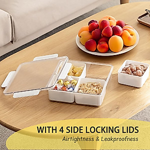 2 Pack Divided Serving Tray with Lids & Removable Veggie Tray with Lid,Square Divided Fruit Vegetable Snack Tray Container with 4 Compartments for Refrigerator