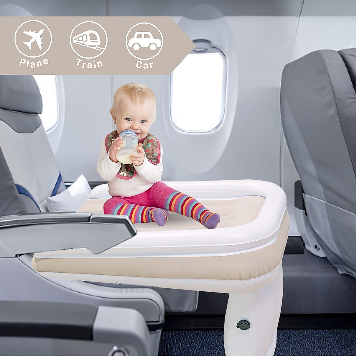 eirix Inflatable Toddler Travel Bed, Portable Baby/Toddler Bed Airplane Footrest Airplane Seat Extender for Kids Suit for Economy Seats, Train, Car (White)