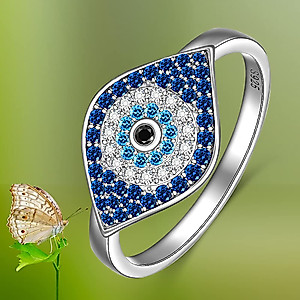 Greek Evil Eye Ring Sterling Silver Protection Spiritual Turkish Blue All Seeing Evil Eye Rings for Women Amulet Sapphire Jewelry Gift Size 9