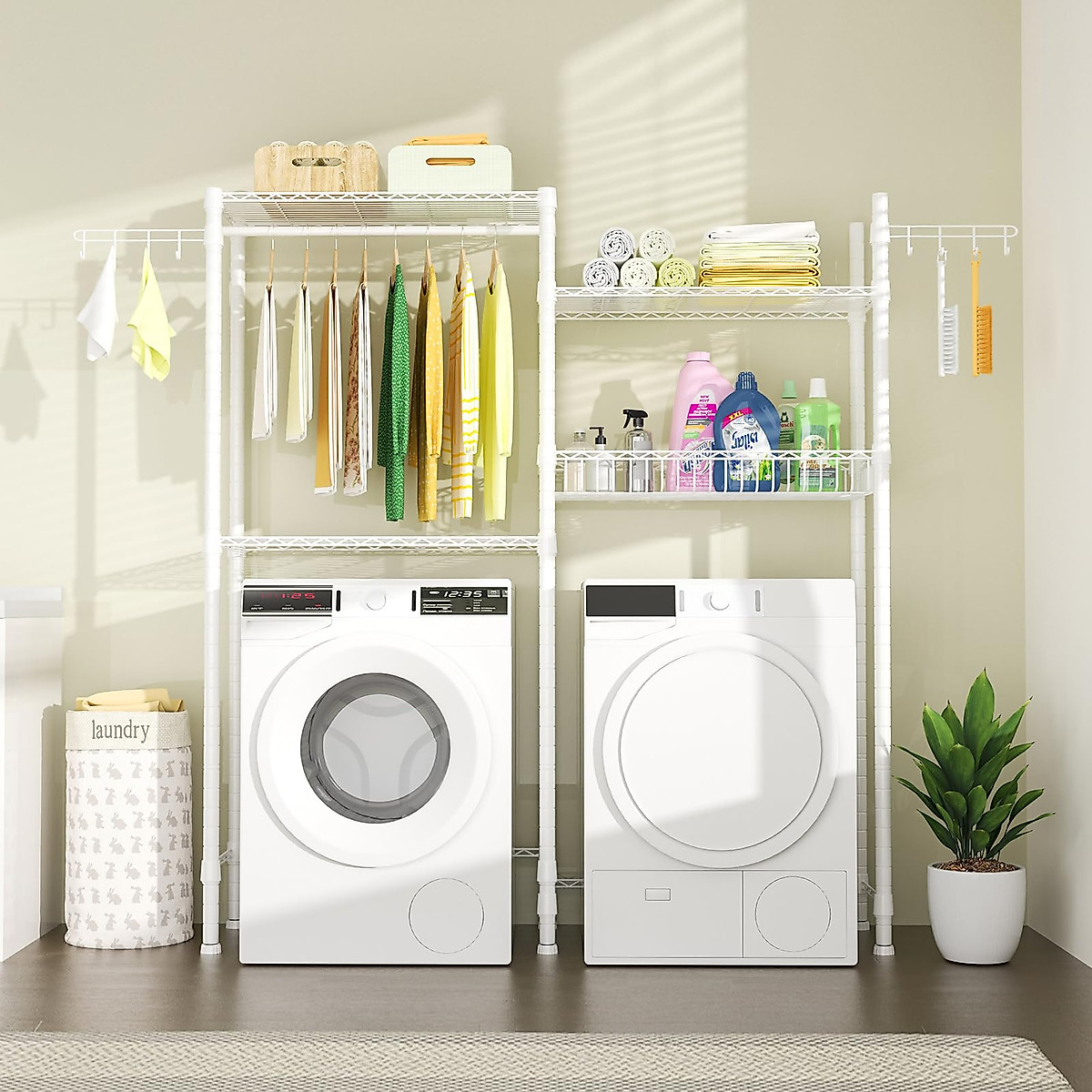 Ulif Clothes Drying Rack, Over Washer and Dryer Laundry Room Storage Shelf, Bathroom Towel Rack Space Saver with Adjustable Shelves, Wire Basket, and Rotatable Hooks, 63.4"L x 13.4"D x 76.7"H, White