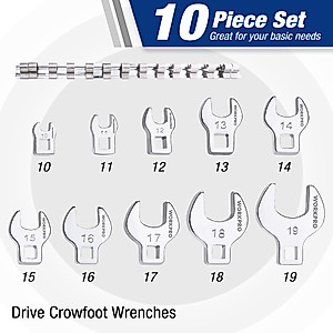 WORKPRO 3/8" Drive Crowfoot Wrench Set, 10-Piece Metric Crowfoot Wrench with Clip-on Organizer, 10-19mm, Great for Automotive Repair Work Hard-To-Reach Areas