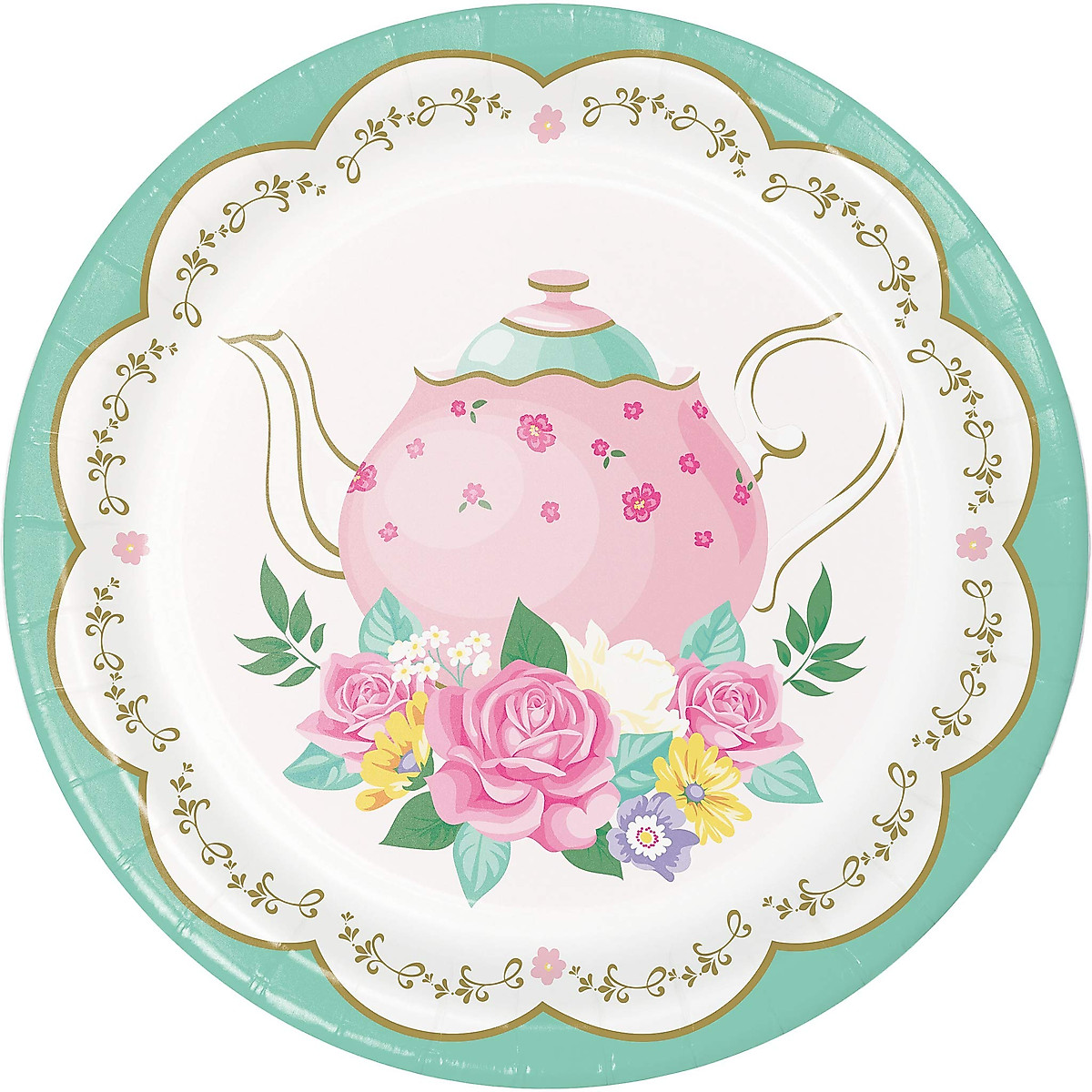 Floral Themed Tea Party Supplies: Bundle Includes Paper Dessert Plates & Napkins for 16 Guests Plus a Tablecover, Centerpiece, Hanging Coutouts, and Happy Birthday Banner