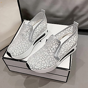 Hbeylia High Heeld Wedge Sneakers for Women Fashion Embroidery Floral Mesh Air Comfort Hidden Chunky Sole Slip On Loafers Breathable Walking Work Shoes with Arch Support for Casual and Daily Wear