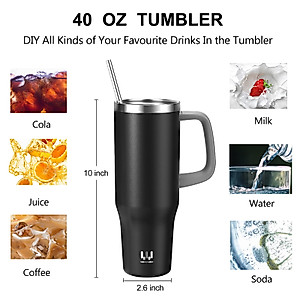40 oz Insulated Tumbler with Handle, Stainless Steel Straw and silicone sleeves, Leakproof Travel Mug for Water, Iced Tea or Coffee, Insulated Cup Gifts for Women & Men, Black