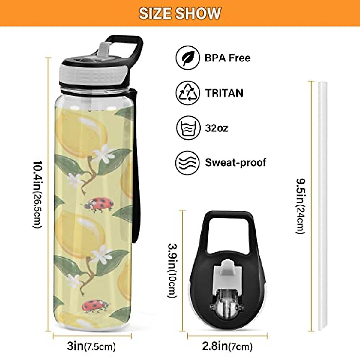 xigua Ladybug Water Bottle with Straw Lid,32 oz Leakproof Sport Water Bottle with Wide Handle for Gym,Cycling,School,Travel