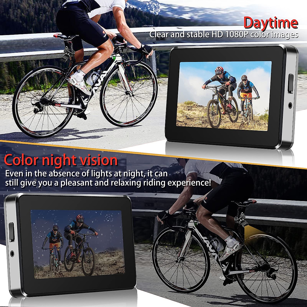 Bike Camera Rechargeable Battery 360 Rotation - 3 Mins Easy Install Handlebar Bicycle Camera with Rear View Monitor Color Night Vision Ebike Camera PTAVLO P01