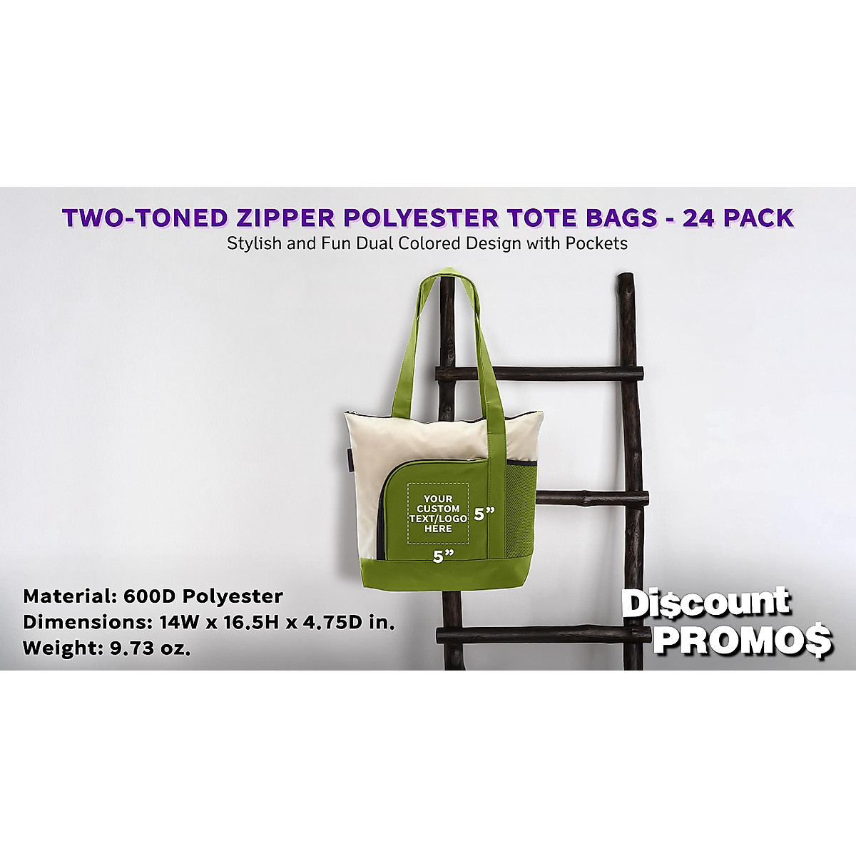 24 Zipper Polyester Tote Bags Set - Customizable Text, Logo - Two-tone, Zipper Closure, Pen Loop - Lime Green