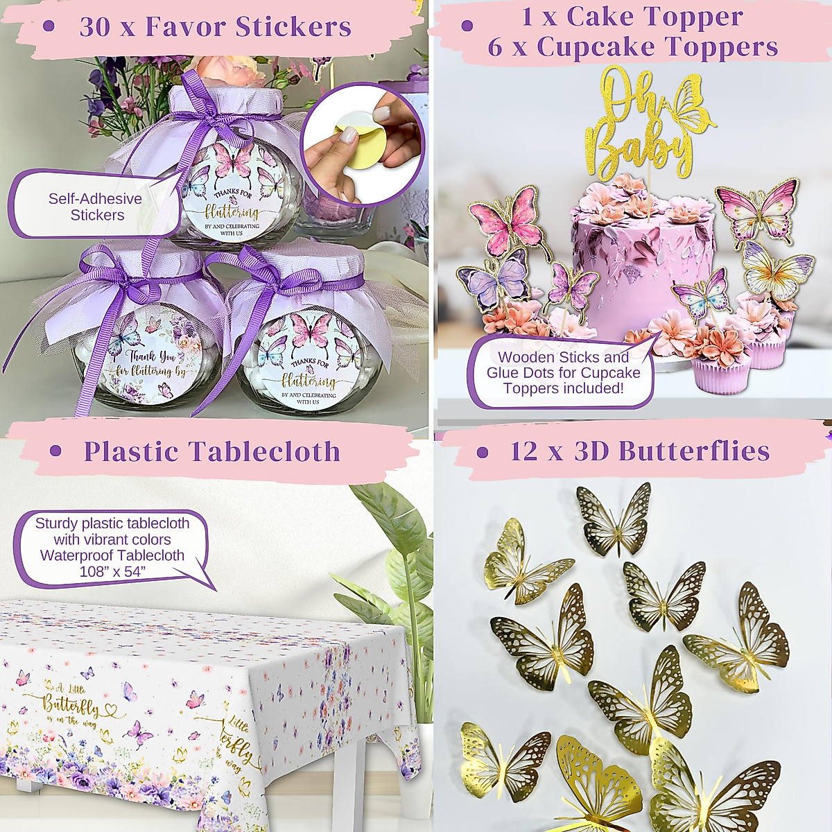 195 Pc Butterfly Baby Shower Decorations for Girl with Pink and Purple Butterfly Balloon Arch Kit, Baby Girl Boxes, Backdrop, Tablecloth, Sash, Cake and Cupcake Toppers, Crown and more