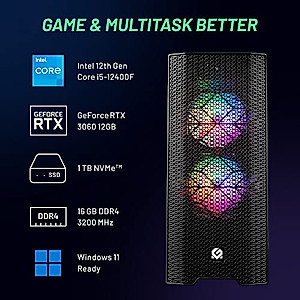 Skytech Blaze 3.0 Gaming PC Desktop – Intel Core i5 12400F 2.5 GHz, NVIDIA RTX 3060, 500GB NVME SSD, 16GB DDR4 RAM 3200, 600W Gold PSU, 11AC Wi-Fi, Windows 11 Home 64-bit,Black