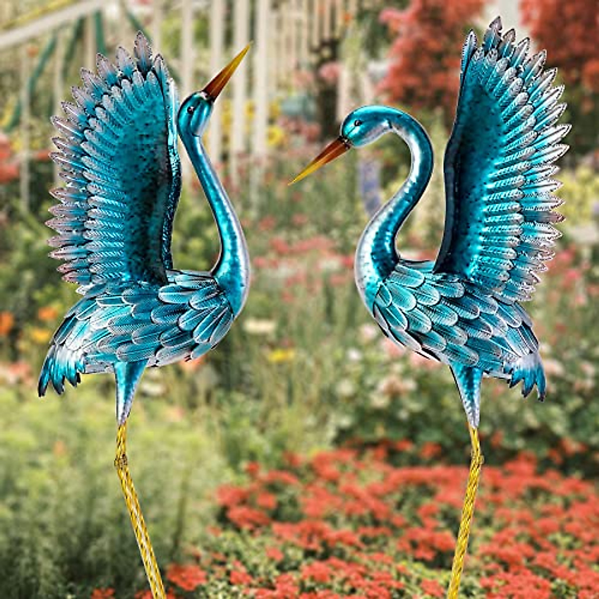 Natelf Garden Crane Statues for Outdoor, Blue Heron Decoy Garden Sculptures, Standing Metal Bird Yard Art for Patio Pond Backyard Decor(Set of 2)