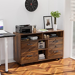 VINGLI Wide 4 Drawer File Cabinet with Lock, Wood Lateral File Cabinet with Open Shelves, Lockable Rolling File Cabinets for Home Office, Dark Brown File Cabinet Printer Stand, Letter Sized