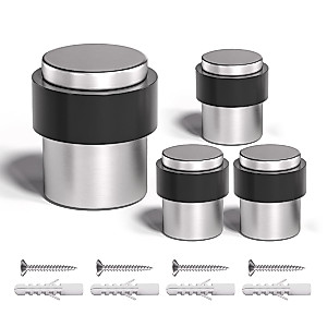 SANATO Nickel Cylindrical Floor Mounted Stainless Steel 304 Door Stop Door Stopper with Black Rubber, 4 Pack
