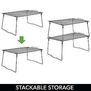 mDesign Farmhouse Metal Stackable Storage Shelf - Closet, Cabinet, Countertop 2-Tier Raised Organizer - for Bedrooms, Bathrooms, Entryways, Hallways - 17" x 12" x 8", 2 Pack - Graphite Gray