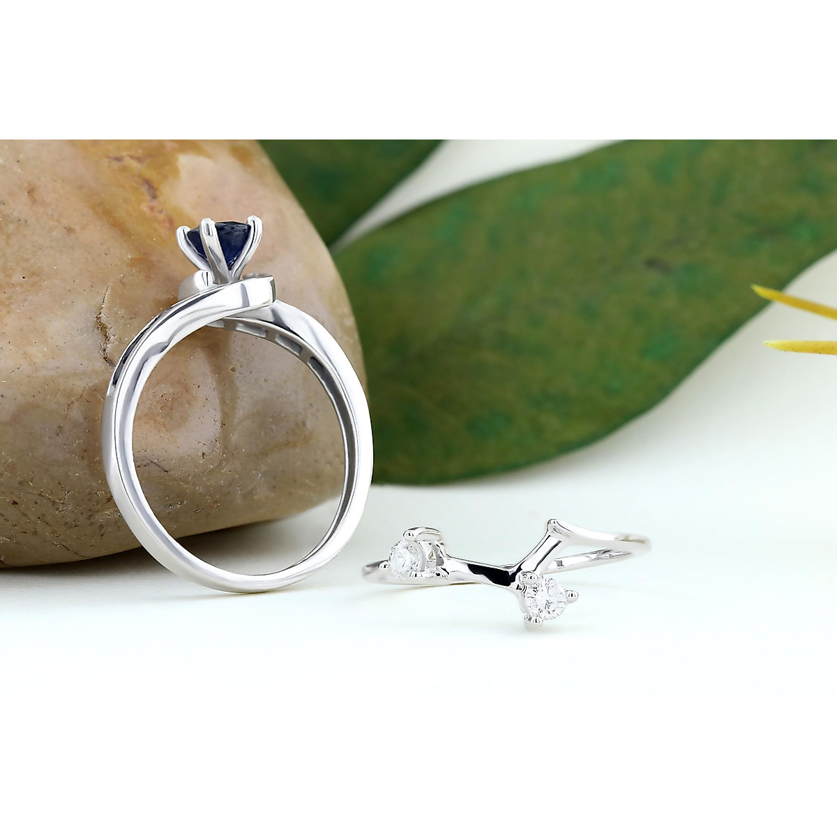 Dazzlingrock Collection 10K Round Blue Sapphire And White Diamond Swirl Bridal Engagement Ring Set, White Gold, Size 8.5