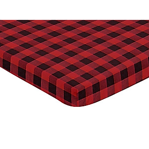 Sweet Jojo Designs Woodland Buffalo Plaid Boy Fitted Mini Crib Sheet Baby Nursery for Portable Crib or Pack and Play - Red and Black Rustic Country Lumberjack