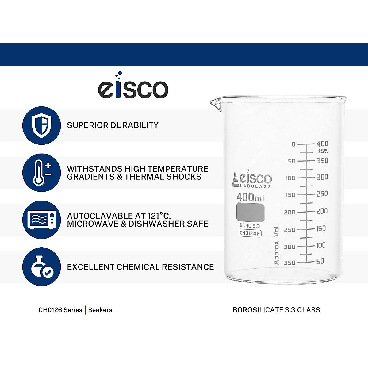 EISCO Beaker, 50ml - Tall Form with Spout - White, 5ml Graduations - Borosilicate 3.3 Glass