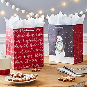 Hallmark 9" Medium Christmas Gift Bags (4 Bags: Snowy Tree, Rustic Farmhouse, Snowman, "Merry Christmas") in Gray, Red, White, Brown