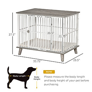 PawHut Dog Crate Furniture, Wooden End Table with Cushion & Lockable Door, Medium Size Pet Crate Indoor Puppy Cage, Grey