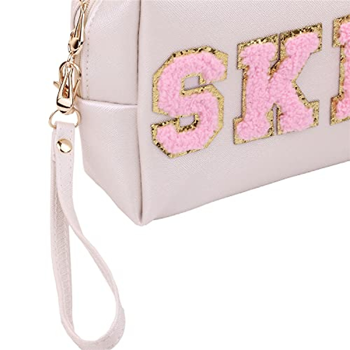 oaesc Cosmetic Bag Chenille Letter Patches Waterproof Travel Pouch PU Makeup with Wrist Strap Bags (Beige-SKIN)