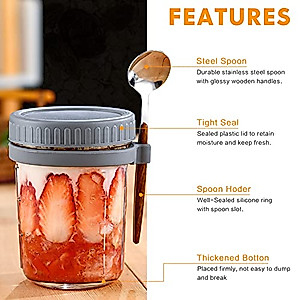 Overnight Oats Containers with Lids and Spoon, 4 Pack Mason Jars for Overnight Oats, 16 Oz Overnight Oats Jars Glass Oatmeal Container to Go for Chia Pudding Yogurt Salad Cereal Meal Prep Jars (White x 2,Grey x 2)