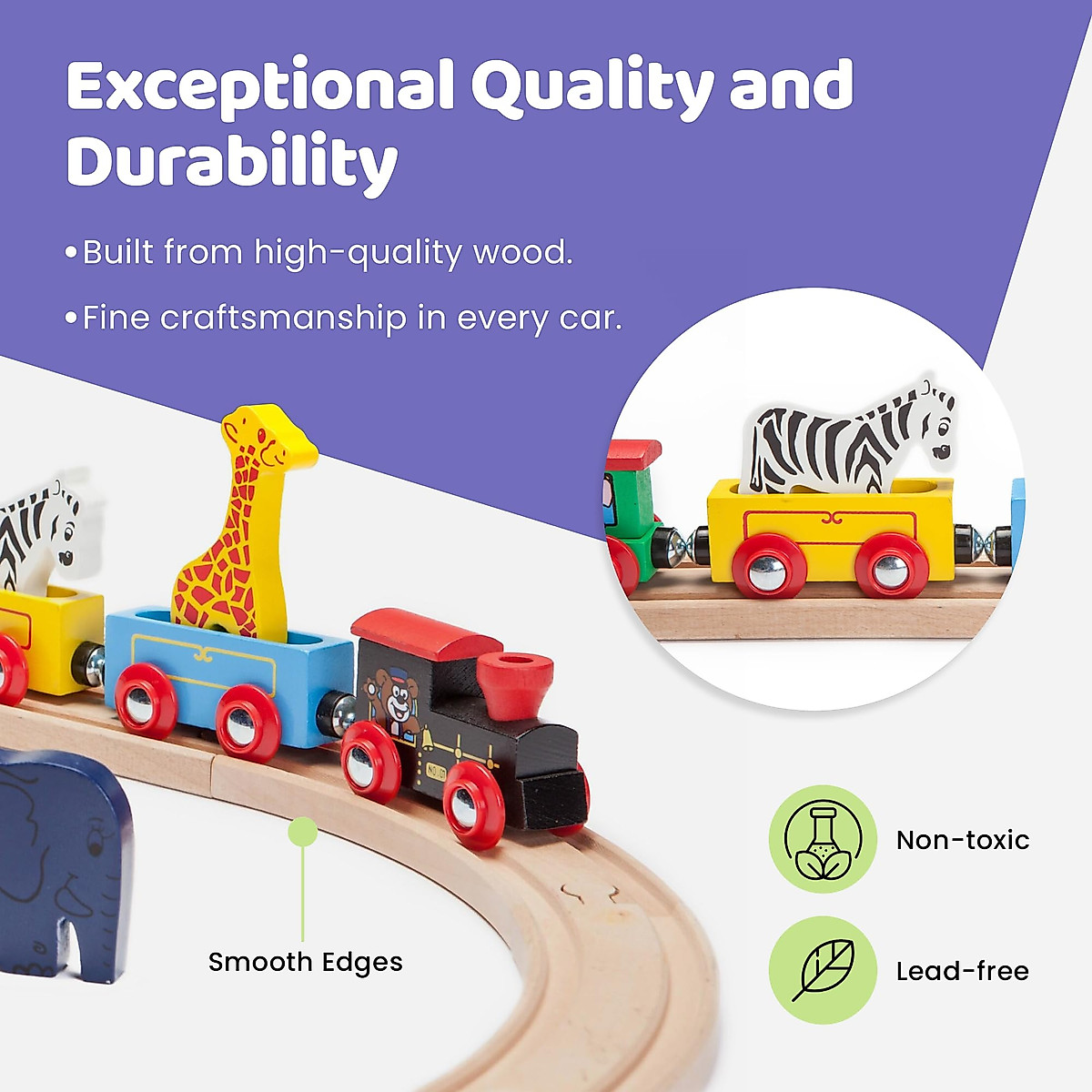 Maxim Enterprise, inc. Kids Circus Train with Steam Engine, 2 Cars, Caboose, 3 Wooden Animals, Natural Hardwood Railway Set with Easy Magnetic Connectors, Sensory Learning Toys for 18 Months & Up