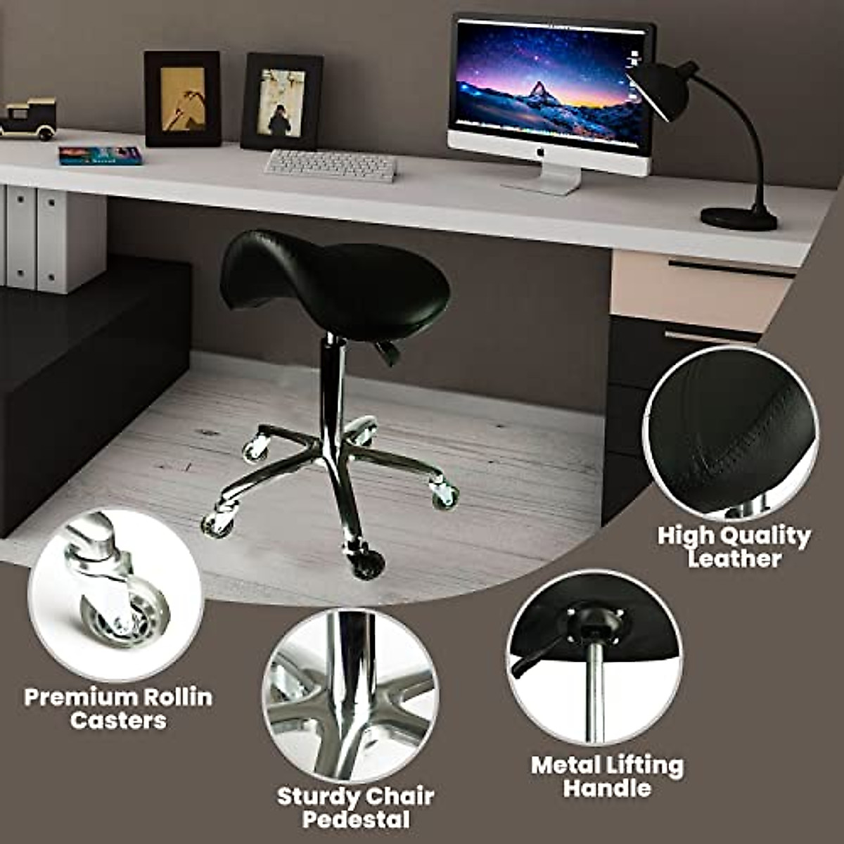 Unique Saddle Stool | Ergonomic Adjustable Hydraulic Saddle Chairs with Wheels | 360 Degree Rotation and Adjustable Height Padding Black Chair Seat