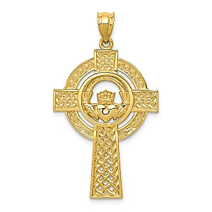 IceCarats 14K Yellow Gold Celtic Heart Love Irish Claddagh Holy Cross Necklace Religious Pendant Jesus Christ Charm Jewelry 40mm x 22mm Only