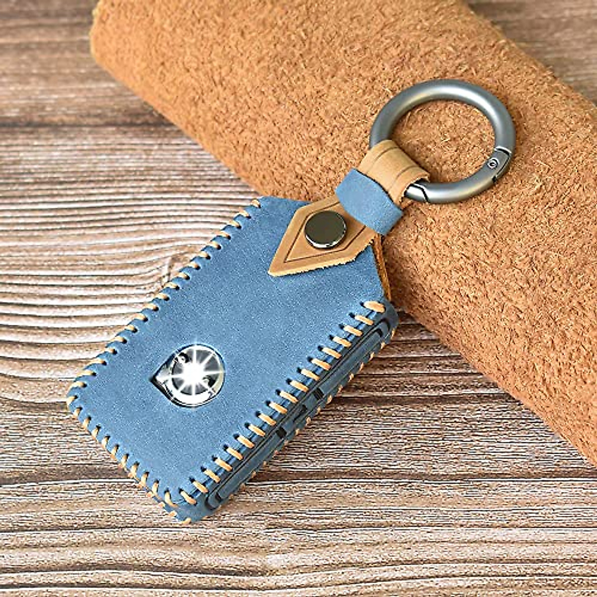 HIBEYO Leather Smart Key Fob Case Compatible with Volvo XC40 XC60 XC90 S90 V90 Car Key Fob Cover Remote Keyless Entry Full Protection Shell 2019 2021 Keychains Auto Accessories Holder Protector-Bule