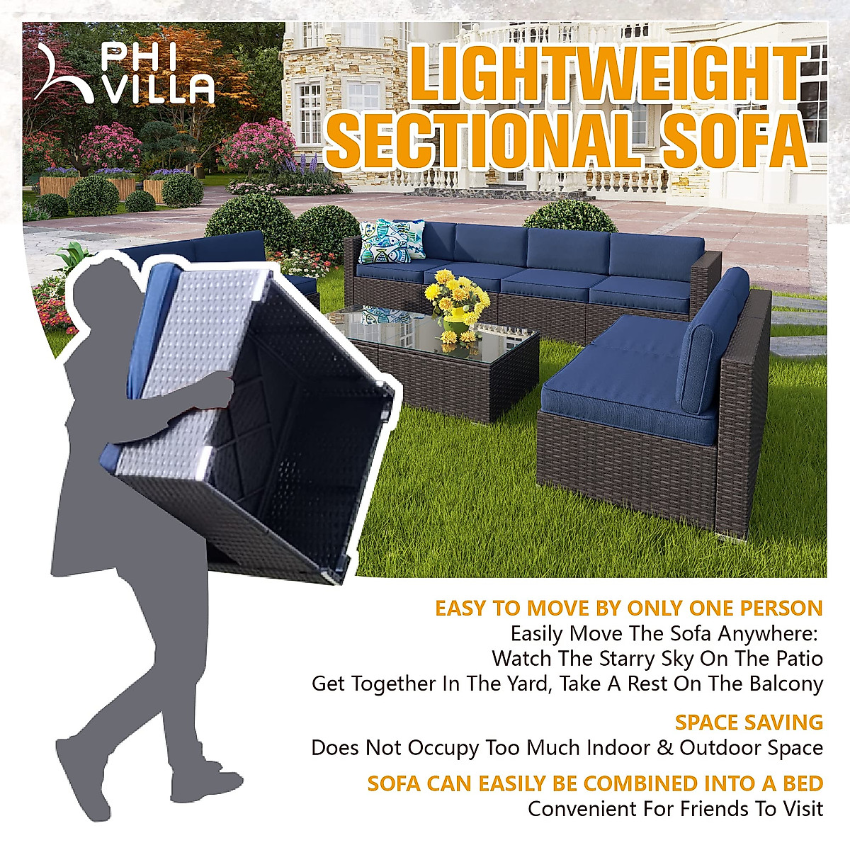 PHI VILLA Outdoor Patio Rattan Sectional Sofa- Patio Wicker Furniture Sofa Set 5-Piece, Blue