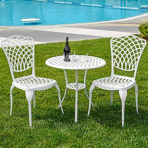 PATIO-IN 3 Piece Outdoor Bistro Set, Cast Aluminum Outdoor Bistro Table and Chairs Set of 2, Rust-Resistant Patio Furniture Set, White Bistro Set 3 Piece Outdoor for Garden, Backyard, Balcony
