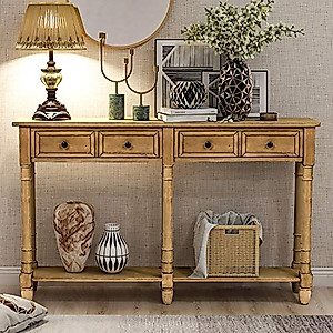 P PURLOVE Retro Console Table Sofa Table for Entryway with Drawers and Shelf Living Room Table (Old Pine)