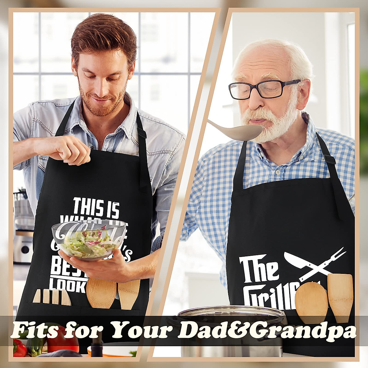 Newcotte 3 Pcs Men Father's Day Aprons Cooking Gifts for Men Dad Kitchen Aprons with Pockets Funny Cooking Chef Apron for Dad Husband Birthday Gifts from Daughter Son Grilling BBQ Baking, 3 Designs