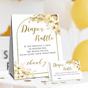 50 Diaper Raffle Tickets and 1 Self-standing Diaper Raffle Sign, Boho Pampas Grass Dried Flower Baby Gender Reveal Party Supplies, Gender Neutral Baby Shower Decorations - LBLK-009