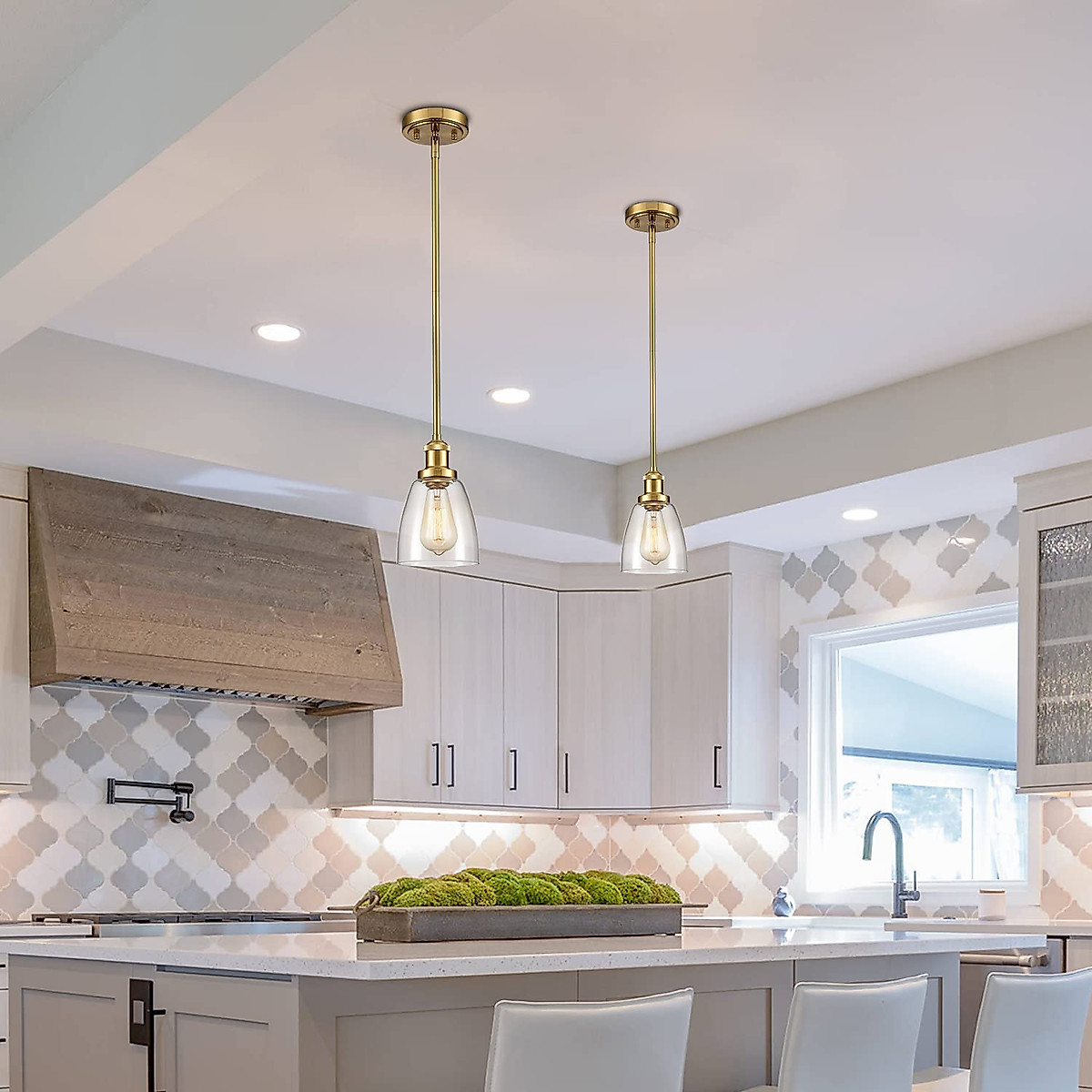 CLAXY Glass Pendant Lights Kitchen Island Mini Pendant Lighting Bell Shade Adjustable Rod Hanging Pendant Light Fixture Gold