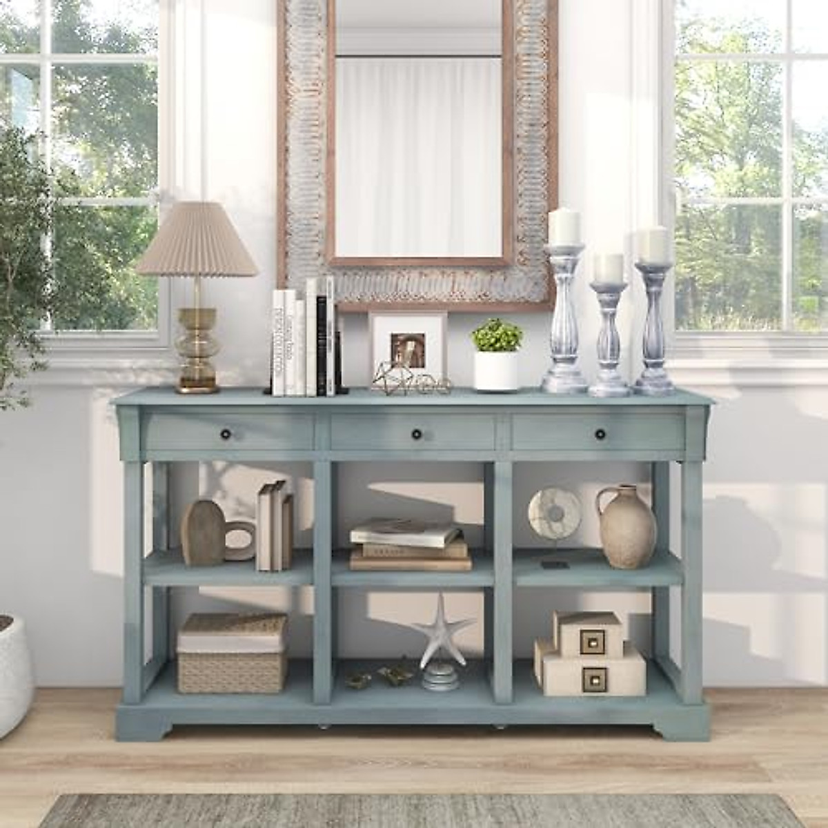 CLEEMAN Console Table with Storage, Retro Sofa Table with 3 Drawers, 2-Tier Open Shelf & Solid Wood Legs, Hallway Table, Entryway Table for Foyer, Living Room, Entrance