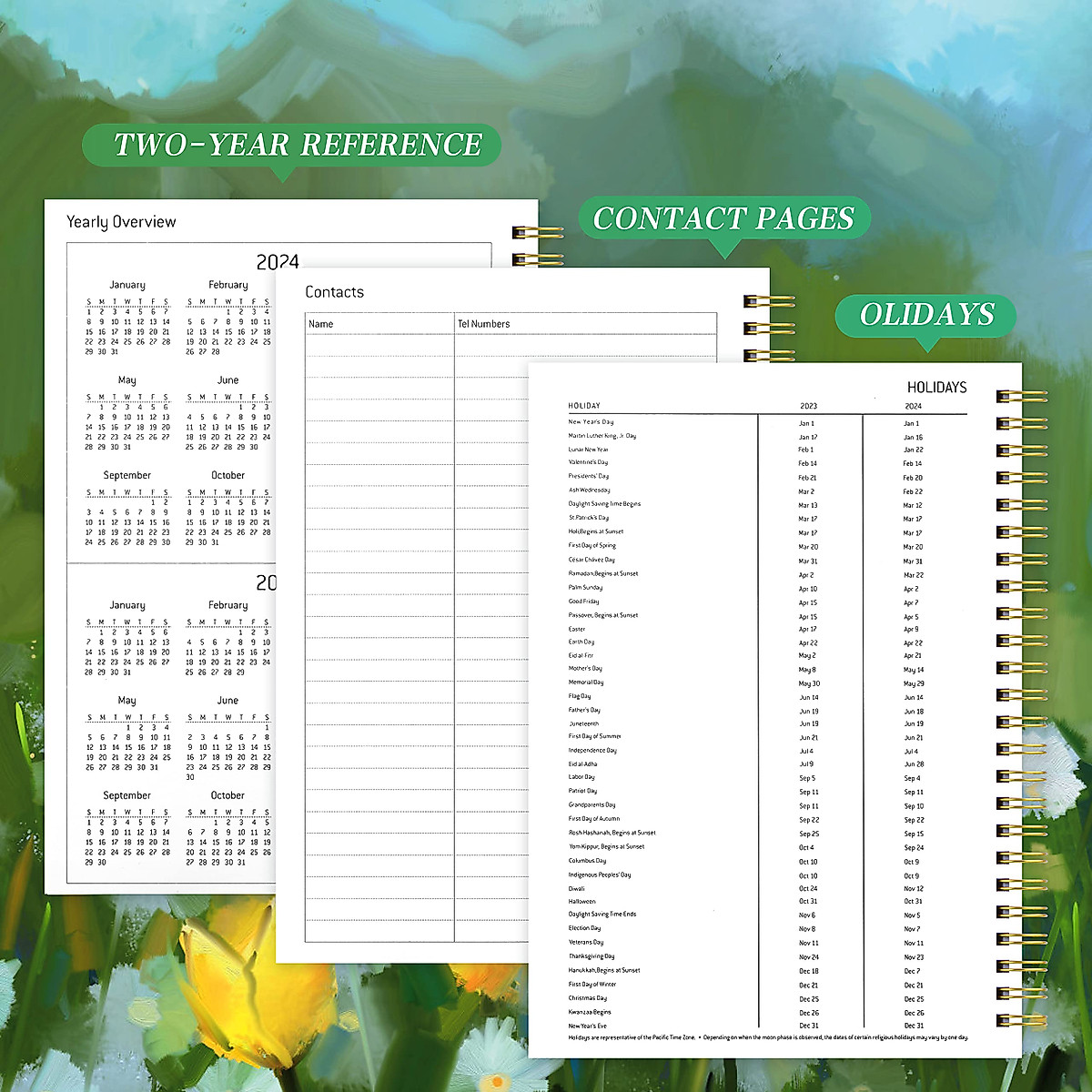 2024 Planner, Daily Weekly Monthly Planner with Tabs, 8.5" x 6.4", Hardcover, Elastic Closure, Inner Pocket, Floral Agenda Organizer & Calendar Jan 2024 to Dec 2024, Green Flower