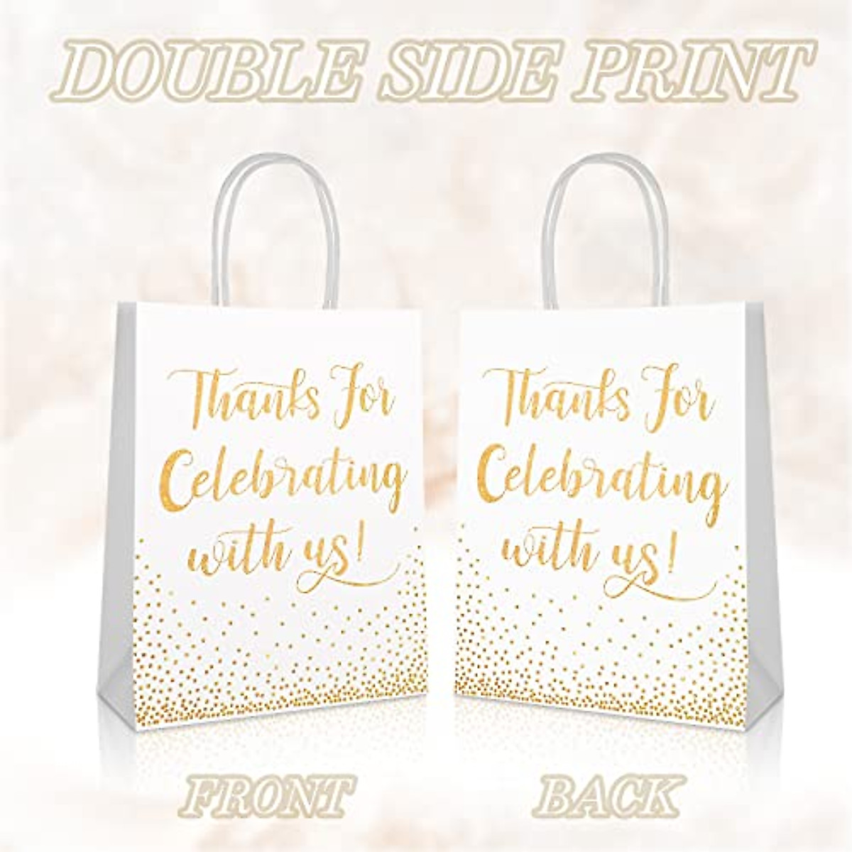 Queekay 80 Pcs Gold Wedding Welcome Bags for Hotel Guests Bulk Thanks for Celebrating with Us Paper Bags Gold Foil Kraft Paper Bags with Handles for Wedding, Baby Shower, Birthday (10 x 8 x 3 Inch)