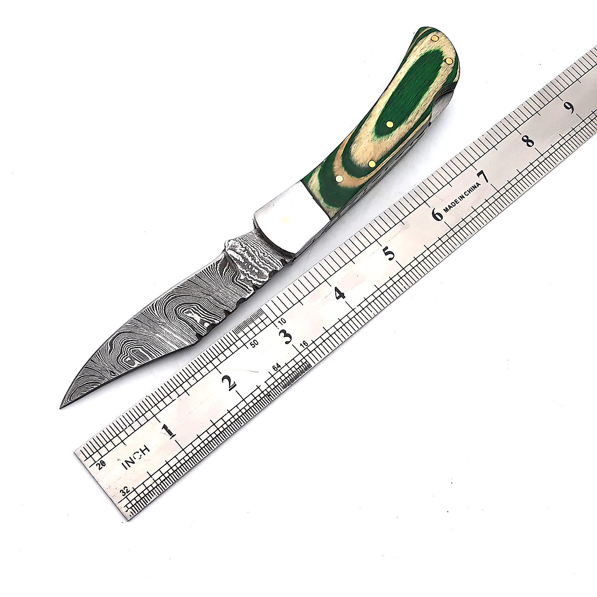 Custom Handmade Damascus Steel Folding Knife/Pocket Knife SS-17462 (Green Colored Wood) (Green)