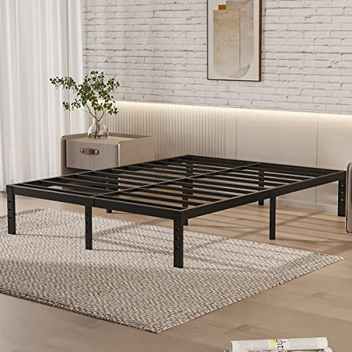 Oliway King Size Bed Frame, Heavy Duty 3500lbs Steel Slat Support, Easy Assembly, Noise Free, No Box Spring Needed, Mattress Foundation, Underbed Storage Space, 14 Inches Tall, Black