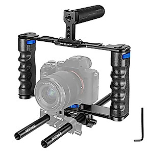 NEEWER Aluminum Alloy Camera Cage, Filmmaking Rig with Top Handle, Dual Grips & Arca Type Base, Compatible with Sony A7S III A7IV A6600 Canon EOS R5C R5 R6 DSLR/Mirrorless Cameras - VS107, Blue