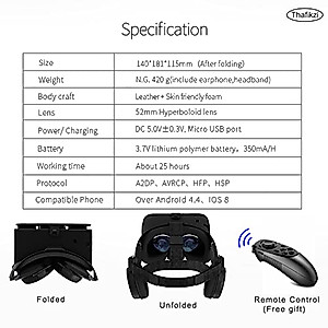 VR Headset Compatible with iPhone & Android Phone - Universal Virtual Reality Goggles with Remote Control - 3D VR Glasses Play Mobile Games Watch 3D Movies Gift for Adults/Kids Eye Protection (Black)