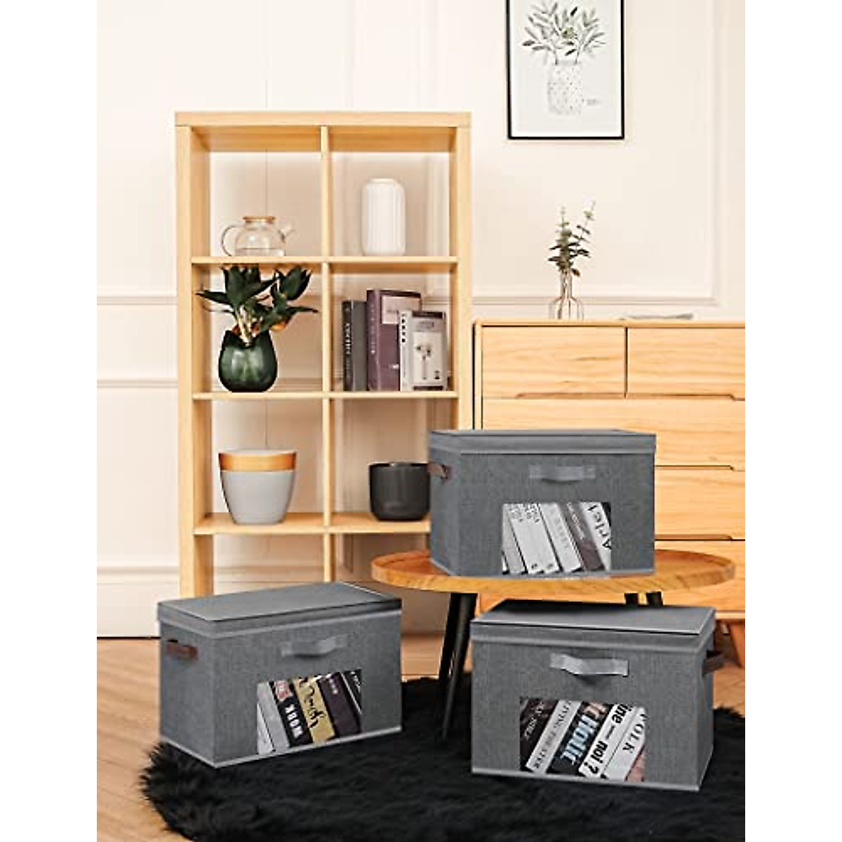 DAMAHOME Collapsible Storage Bins with Lids - Closet Clothes Box Clear Window, Large Foldable Fabric Basket Cube Organizer for Bedroom,Underbed,Kids Toy Chest 3-PACK 17" Lx12 Wx12 H(GREY)