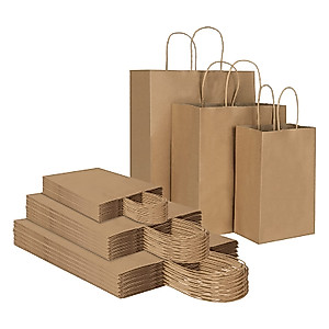Toovip 90 Pack Plain Brown Kraft Paper Bags with Handles Bulk, Multiple 3 Assorted Sizes Gift Bags for Favors Grocery Retail Party Birthday Shopping Business Goody Craft Merchandise Take Out Sacks