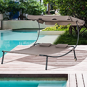 Outsunny Patio Double Chaise Lounge Chair, Outdoor Wheeled Hammock Daybed with Adjustable Canopy and Pillow for Sun Room, Garden, or Poolside, Brown