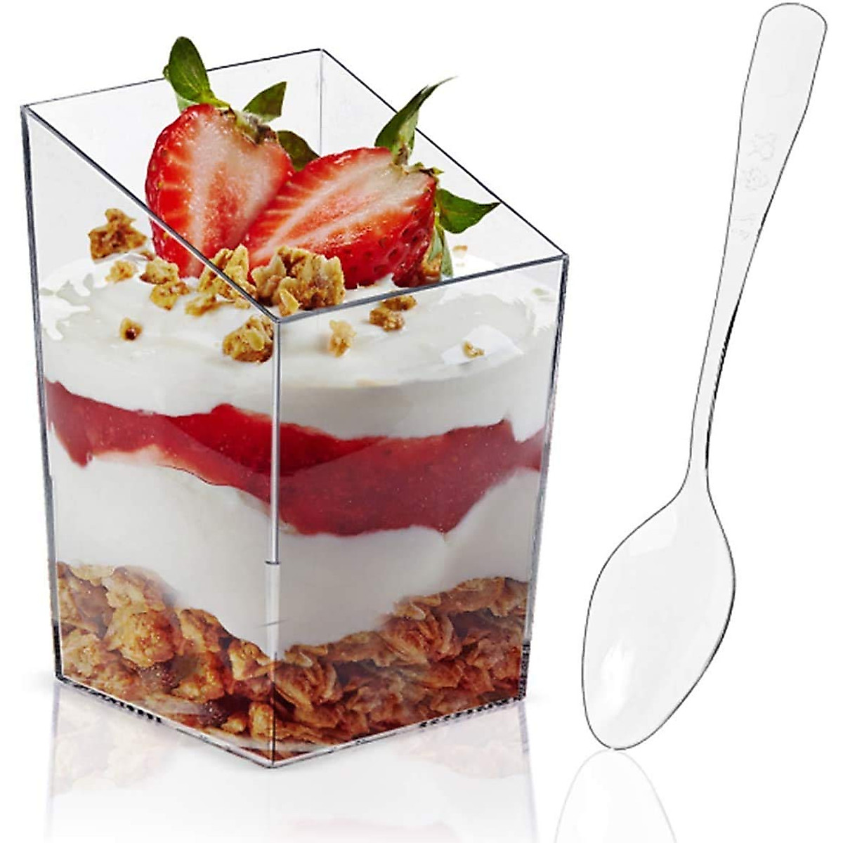 3 Oz 90ml Clear Square Dessert Cups with Spoons Plastic Dessert Cake Snack Bowl Disposable Ice Cream Dessert Bowls Dessert Cups Tasting Sample Cup Serving Salad Bowl Party Favor Cups,Pack of 24