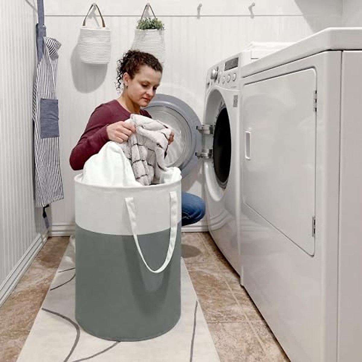 Goodpick 60L Laundry Basket with Lid, Collapsible Laundry Hamper for College Dorm, Foldable Dirty Clothes Basket, Storage Laundry Bin with Handles, 1 Pack, 60L, White & Grey